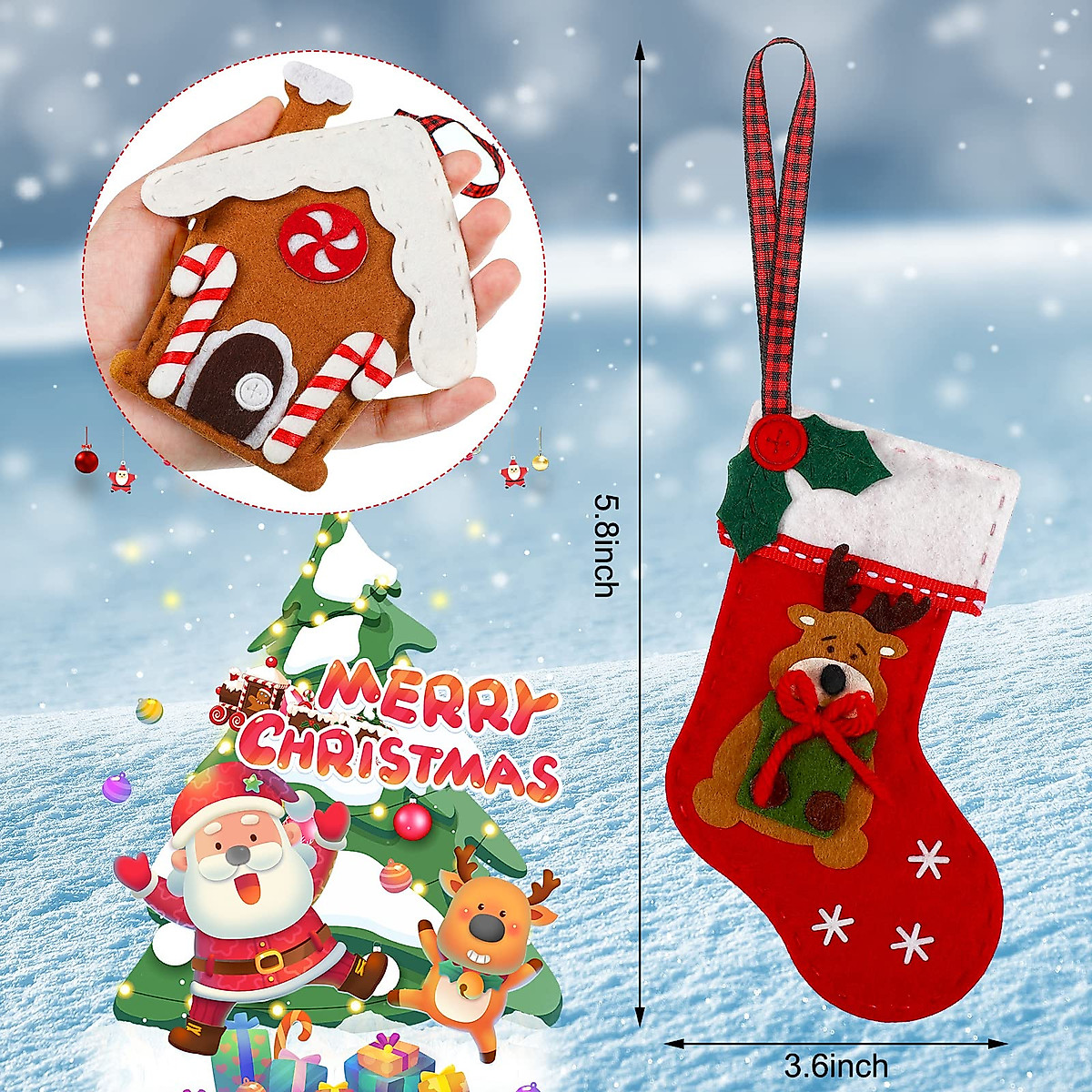 Skylety 8 Pieces 3D Christmas Tree Ornaments Set Felt Santa Elf Snowman Candy Cane Ornament, Christmas Stocking, Gnome Felt Decoration(Santa Claus)