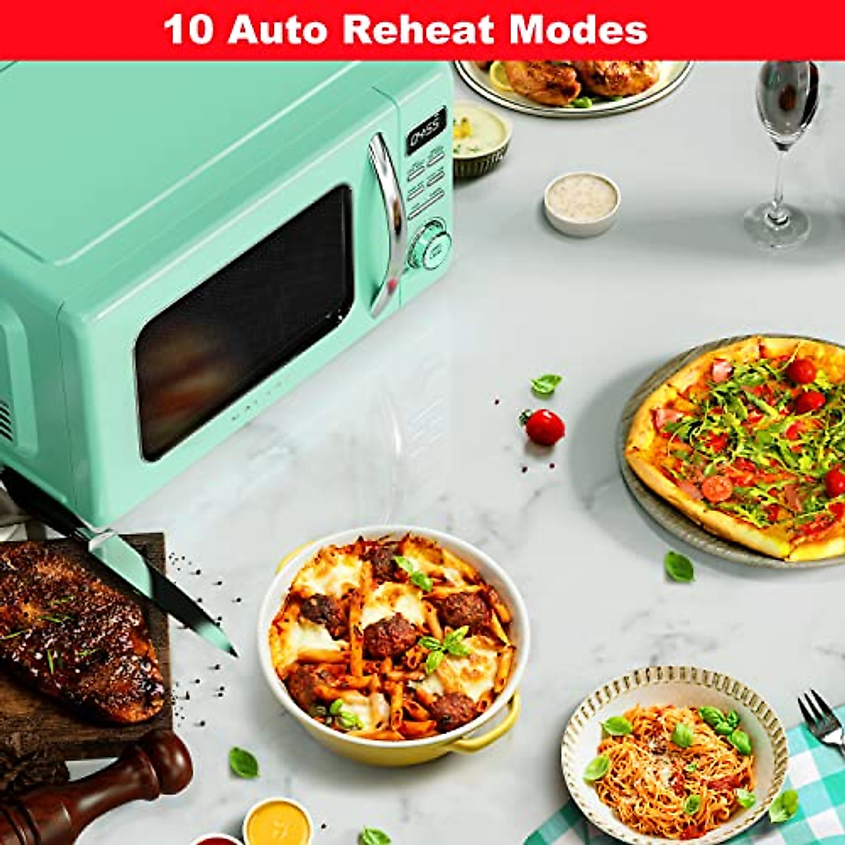 Galanz GLCMKZ09GNR09 Retro Countertop Microwave Oven with Auto Cook & Reheat, Defrost, Quick Start Functions, Easy Clean with Glass Turntable, Pull Handle.9 cu ft, Green