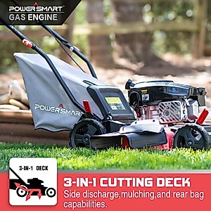PowerSmart Push Lawn Mower Gas Powered - 17 Inch, 127CC 4-Stroke Engine, 5 Height Positions Adjustable, (1.18''-3.0''), 3 in 1 with Bag