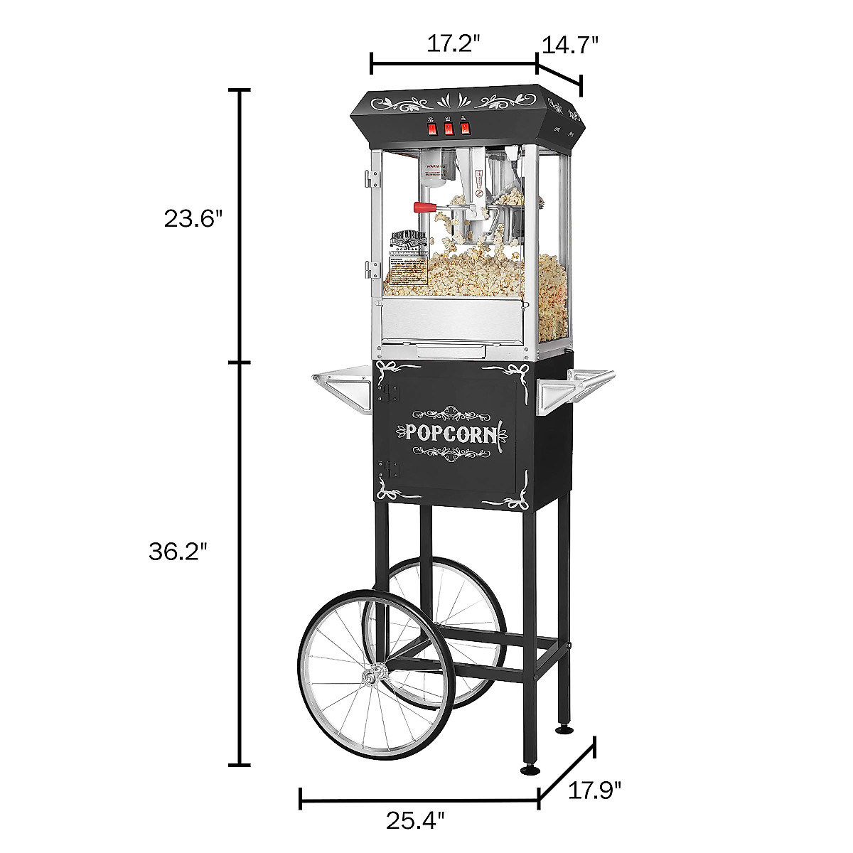 Great Northern Popcorn Foundation Popcorn Machine with Cart - 8oz Popper with Stainless-Steel Kettle, Warming Light, and Accessories, Black
