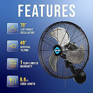 Tornado 16 Inch Pro Series High Velocity Oscillating Wall Mount Fan For Industrial, Commercial, Residential Use 3 Speed 2850 CFM UL Safety Listed
