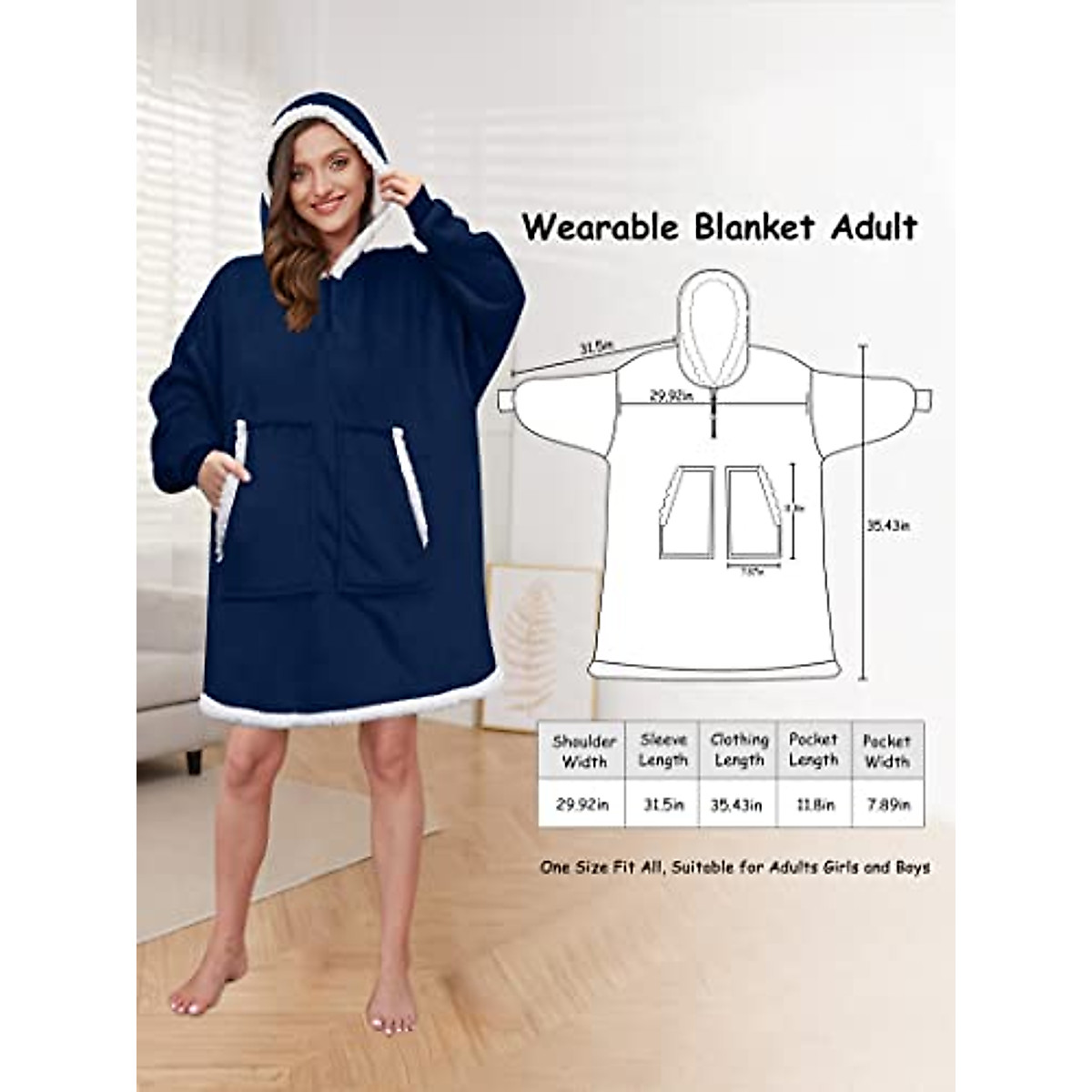 Lushforest Blanket hoodie, Oversized Wearable Blanket Hoodie Adult, Sherpa Fleece Hoodie Blanket Sweatshirt Throw with Zip for Women Men Dark Blue