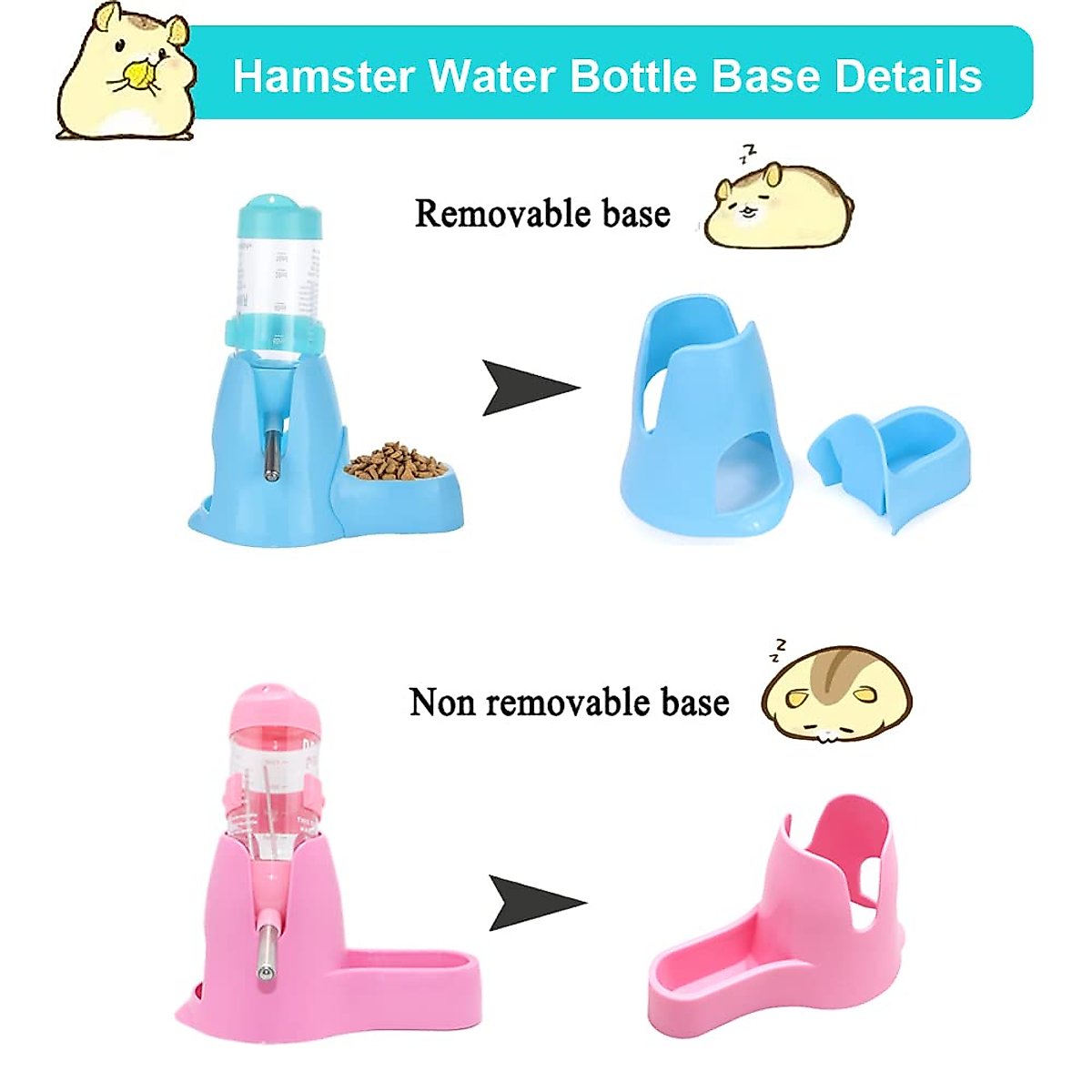 Litewoo Hamster Water Bottle with Food Container Base Hut No Drip Drinking Dispenser for Dwarf Hamster Rats Mouse Gerbil Mice（Blue 80ML Removable Base）