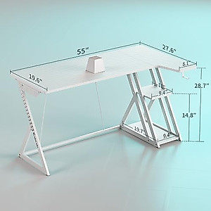 CubiCubi Aurora Gaming Desk with Carbon Fiber Surface, 55 Inch L Shaped Desk with Storage Shelves, Small Corner Computer Desk with Monitor Shelf, Gamer Desk PC Table, White