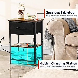 LAKEMID Nightstands Set of 2 with Charging Station and Drawer, End Table Side Table with 20 Colors LED Light Strip and 2 Layers Shelf for Bedroom Living Room Sofa (Rustic Brown)