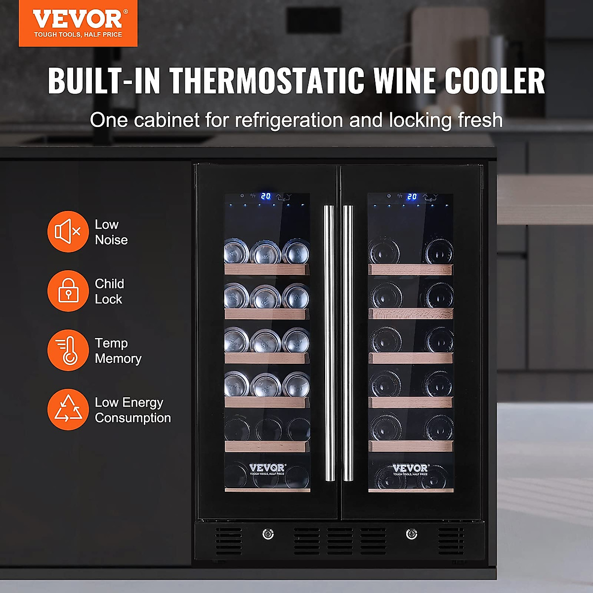 VEVOR 24" Cooler for Wines & Drinks, Holds 78 Cans & 20 Bottles, Dual Zone, Tempered Glass, Digital Temperature Settings, Blue Lighting, Safety Lock, Install Anywhere, ETL Certified