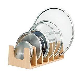 MobileVision Bamboo Pot Lid Holder Organizer for Storage in Cabinets or Kitchen Countertops, 6 Sections