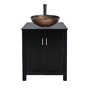 Puluomis 24 Inches Traditional Bathroom Vanity Set in Black Finish, Single Bathroom Vanity with Top and 2-Door Cabinet, Brown Glass Sink Top with Single Faucet Hole