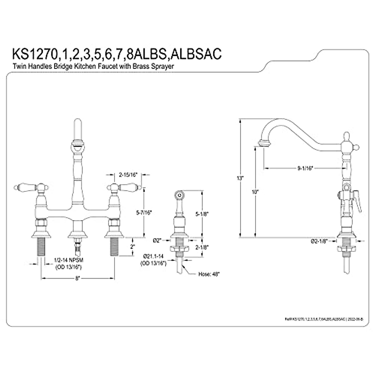 Kingston Brass KS1271ALBS Heritage Bridge Kitchen Faucet, 8-9/16", Polished Chrome