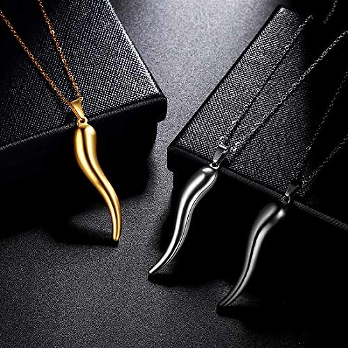 Hipunk Italian Horn Necklace Women Men - Lucky Cornicello Talisman Pendant 316L Stainless Steel Black Gun Plated Protection Amulet Chili Pepper Jewelry SP0064B