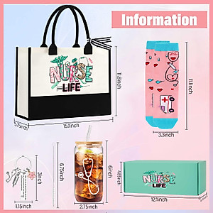 Nurse Gifts for Women Nurse Appreciation Gifts Set Nurses Week Gifts Set Nurse Graduation Gifts Nurse Christmas Gifts Nurse Gift Box for Women Nurse Canvas Beach Bag Socks Keychain 16 Oz Can Glass