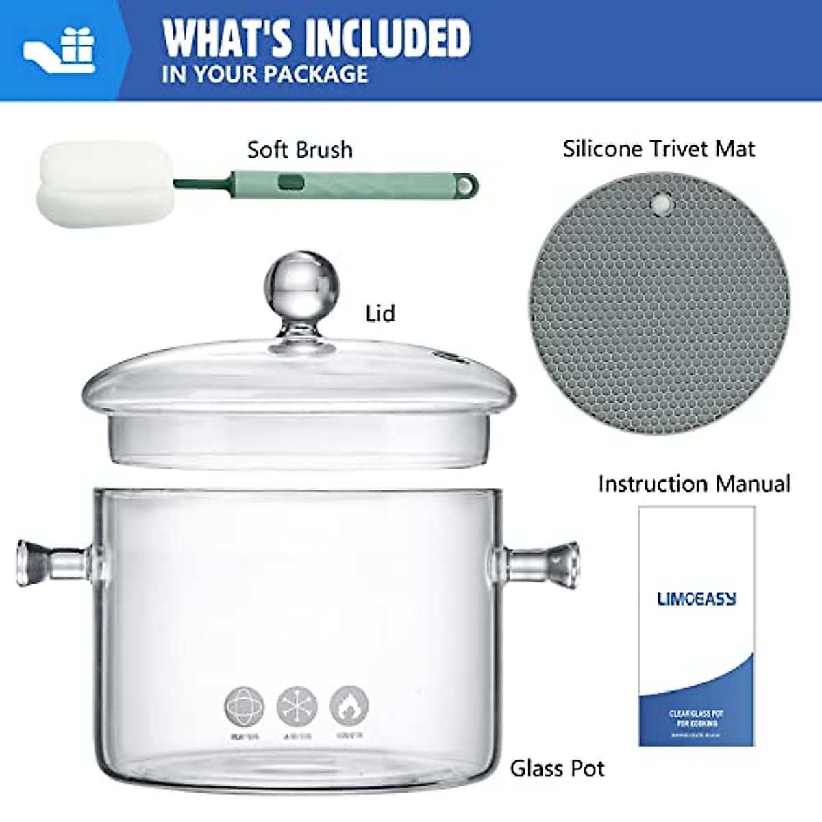 LIMOEASY Glass Pots for Cooking on Stove, 1.5 Quart Clear Pots for Cooking, Simmer Pot for Stove Potpourri, Glass Saucepan with Cover, Heat-Resistant Glass Cookware for Pasta, Soup, Milk, Baby Food