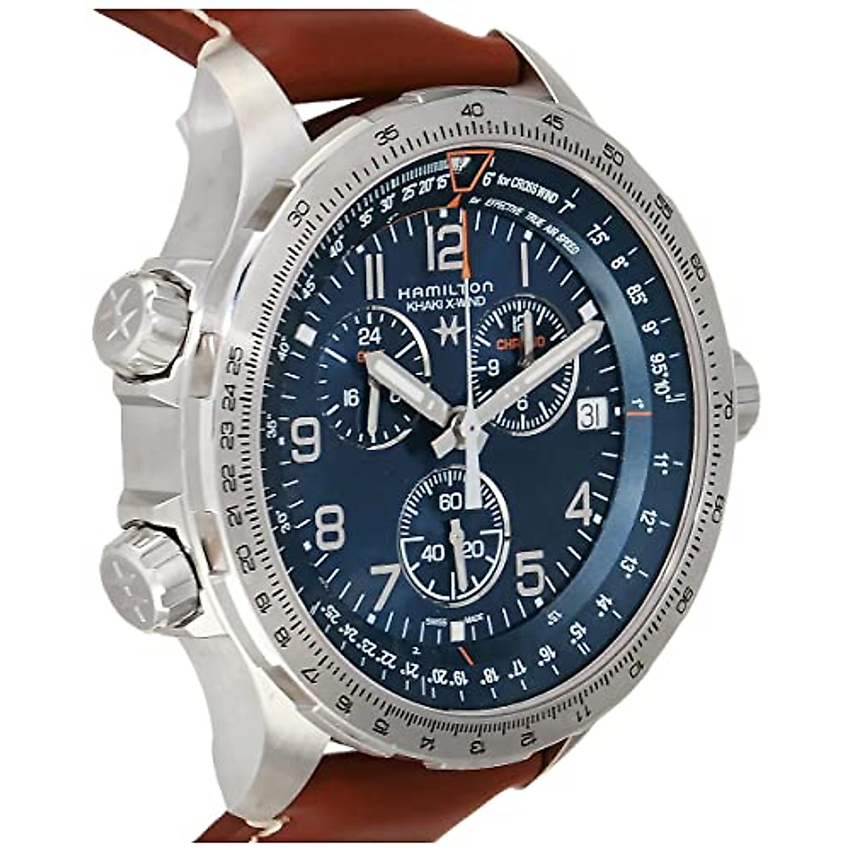 Hamilton Watch Khaki Aviation X-Wind GMT Swiss Chronograph Quartz Watch 46mm Case, Blue Dial, Brown Leather Strap (Model: H77922541)