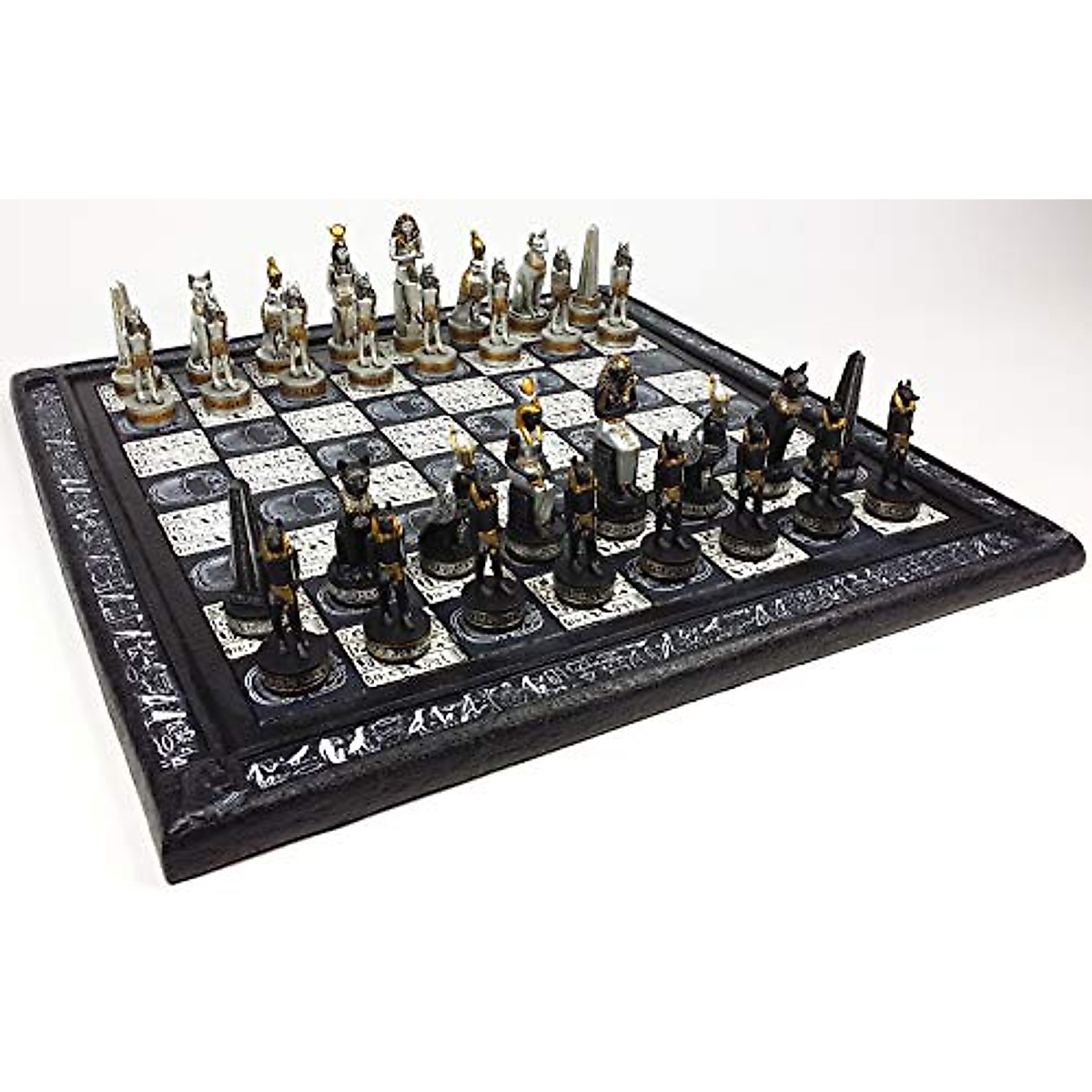 Egyptian Anubis Chess Set Black Silver and Gold Men with 16" Hieroglyphic Board