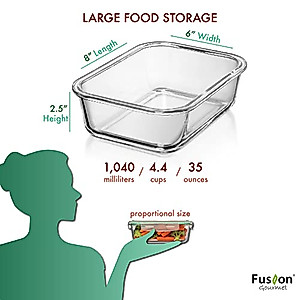 Fusion Gourmet Set of 8 Same Size Glass Food Storage Containers with Lids [4.4 cup 35 oz ea.] Airtight, Leak proof, Oven, Microwave & Freezer Safe, Reusable Meal Prep Set, Stain & Odor Resistant