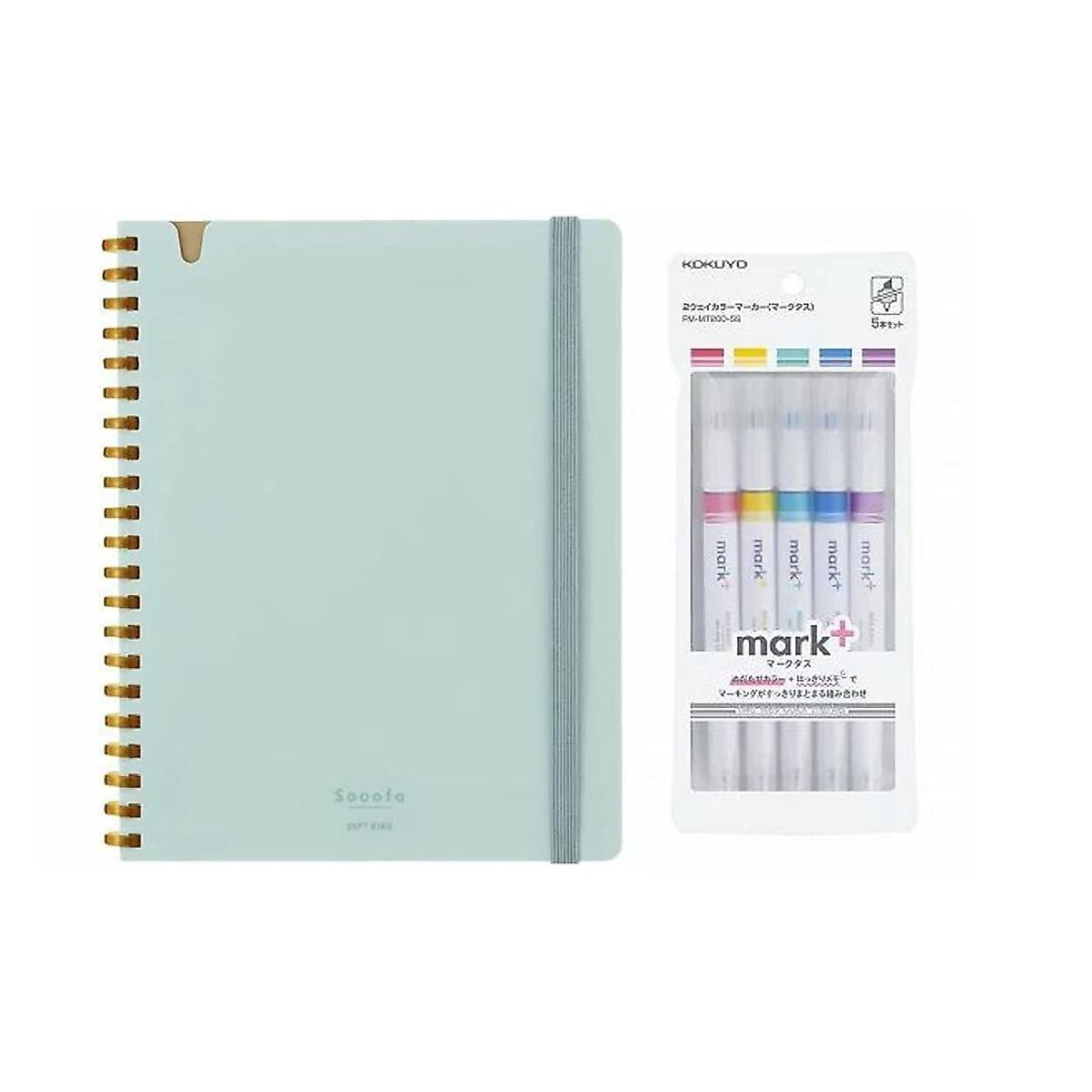 Kokuyo. Soft Ring Notebook Sooofa A5 4mm Grid 80 Sheets Light Blue and Mark⁺ Two Way Color Marker 5-Pack(Pink,Blue,Green,Purple, and Yellow) Set
