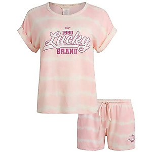 Lucky Brand Women's Pajama Set - Roll Sleeve T-Shirt and Shorts - Sleepwear for Women (S-XL), Size Medium, Pink Tie Dye