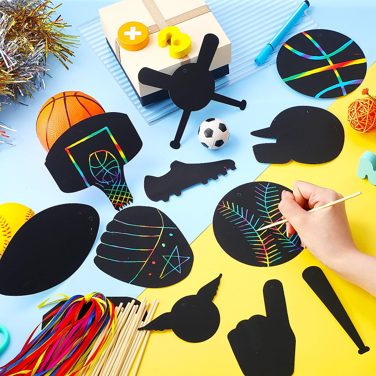 Qilery 70 Pcs Sports Scratch off Papers Scratch Paper Sets with 35 Pcs Wooden Stylus, Sports Ball Rainbow Paper Scratch Pad for Kids, DIY Arts and Crafts Supplies for Football Party Project Decoration