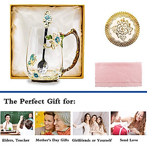 Tea Cup Glass Coffee Mugs(12 oz), Handmade Enamel Cups with Spoon Set, Mother's Day Gifts for Mom/Grandma, Birthday Wedding Anniversary Christmas Gifts for Women. (Light Blue,Tall)