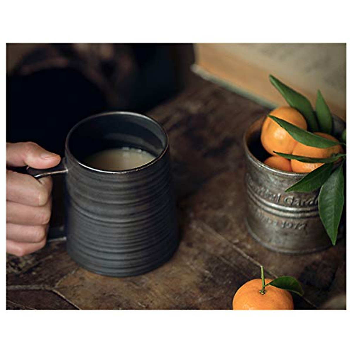 globe faith Large Handmade Pottery Coffee Mug, Unique Matte Metallic Antracite Ceramic Coffee Cup, Annular Texture Big Handle Clay Tea Mug for Home, Office or Gifts, Microwave & Dishwasher Safe,16 oz