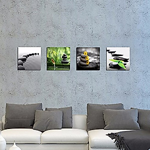 4Pcs 12x12 Canvas Wood Stretched Zen Stone Garden Rocks Spa Bamboo Fountain Japan Yoga Theme Pink Frame Landscape Abstract Modern Art For Home Room Office Wall Print Decor 12x12" inch (30x30cm