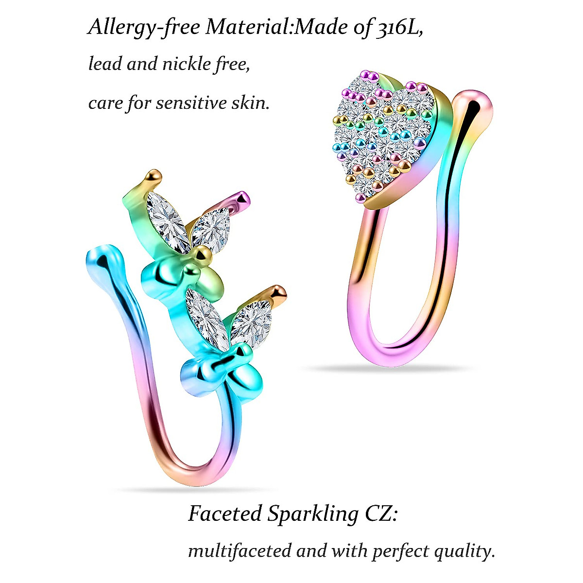 Vsnnsns Fake Nose Ring Stud Stainless Steel 20G Faux Septum Nose Piercing Jewelry Clip On Nose Ring Cuffs Non Piercing Nose Hoop Ring for Women Men 9pcs Rainbow