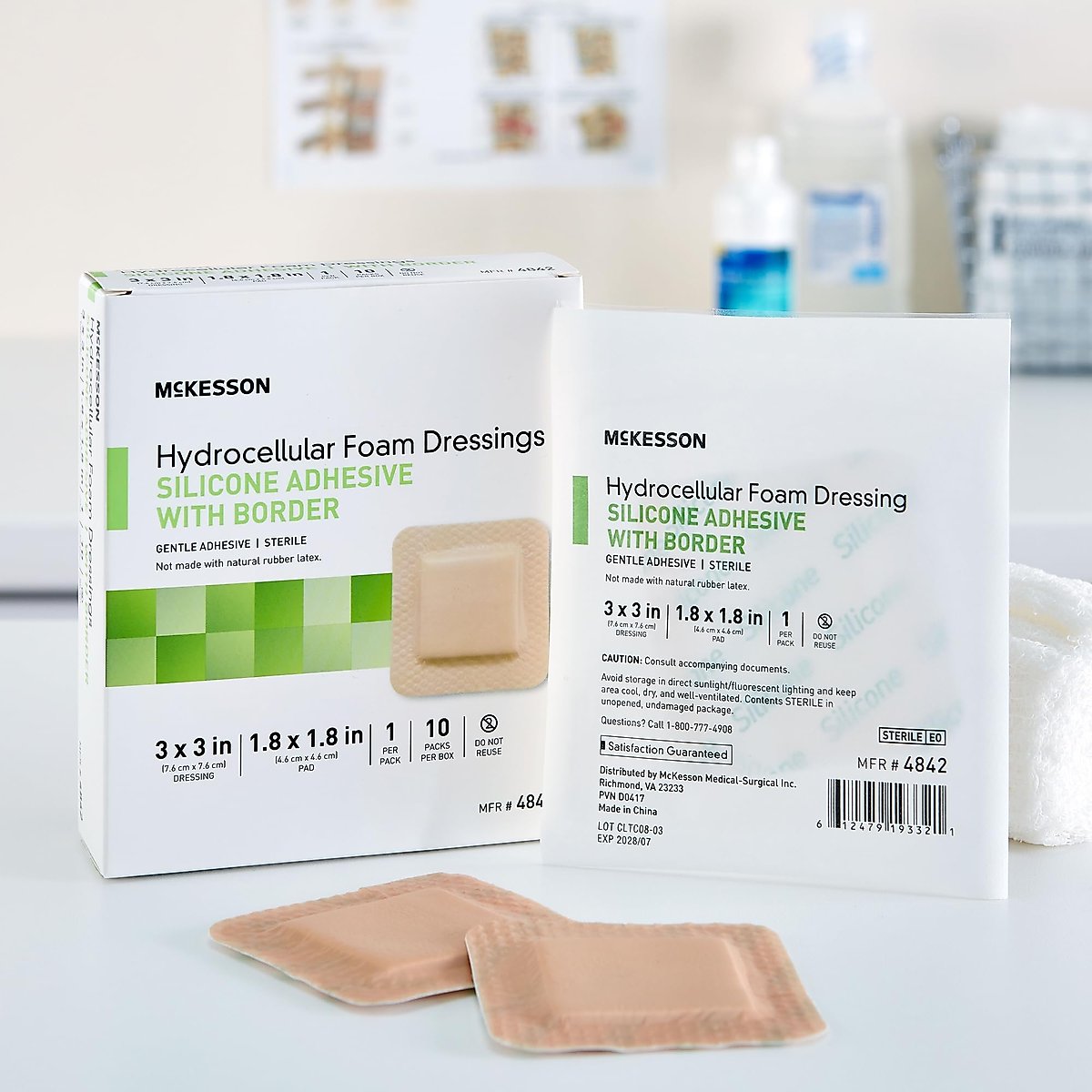 McKesson Hydrocellular Foam Dressings, Sterile, Silicone Adhesive with Border, Dimension 3 in x 3 in, Pad 1 4/5 in x 1 4/5 in, 10 Count, 1 Pack