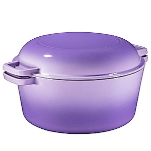 Bruntmor 2-in-1 Enamel Cast Iron Dutch Oven With Handles - Crock Pot Purple Cast Iron pot with Skillet lid - All-in-One Cookware Braising Pan for Casserole Dish - 5 Quart, Purple