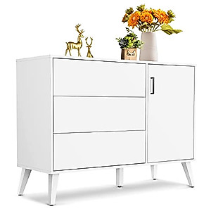SEJOV White Dresser for Bedroom, 3-Drawer Chest Wood Dresser with Door, Wide Storage Space, Drawer Press Control Design, Large Storage Cabinet for Bedroom Living Room Hallway Entryway