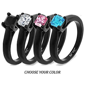 Solitaire Princess Ring - Black Rings for Women - Black Spinel Ring - White Cubic Zirconia Ring - Pink Ring CZ Stone - Blue CZ Rings - Black Engagement Ring (Pink, 9)