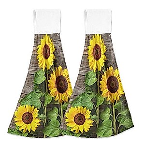 Vintage Sunflowers Kitchen Towels Sets Summer Wood Board Hanging Hand Towel Dish Towel with Loop 2PCS, Soft Super Absorbent Dishcloths Fingertip Towel for Bathroom Washroom Guestroom Hotel 12x17 In
