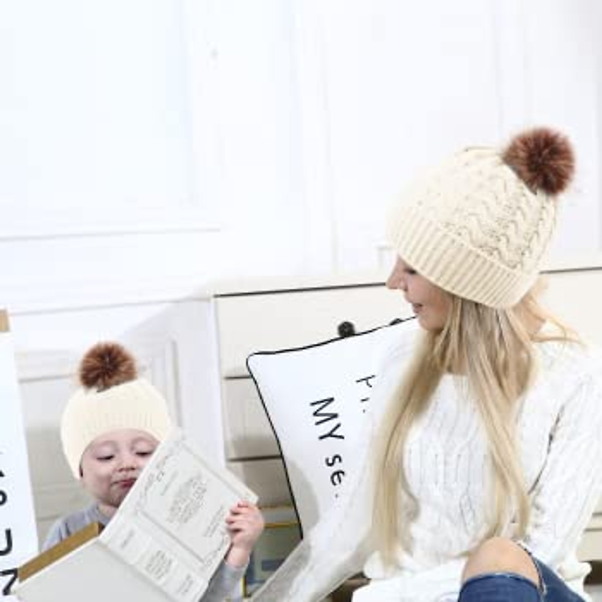 oenbopo Baby Winter Warm Knit Hat Infant Toddler Kid Crochet Fur Hairball Beanie Cap White