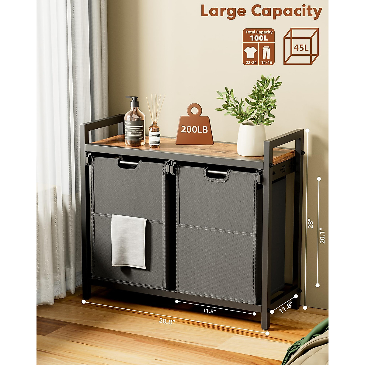 Cunutak Upgrade Laundry Hamper with Shelf, Silent Drawer Laundry Basket Organizers with Pull-Out, Laundry Hamper 2 Section and Removable Bags, 2 X 50L Laundry Sorter for Laundry Room, Bathroom