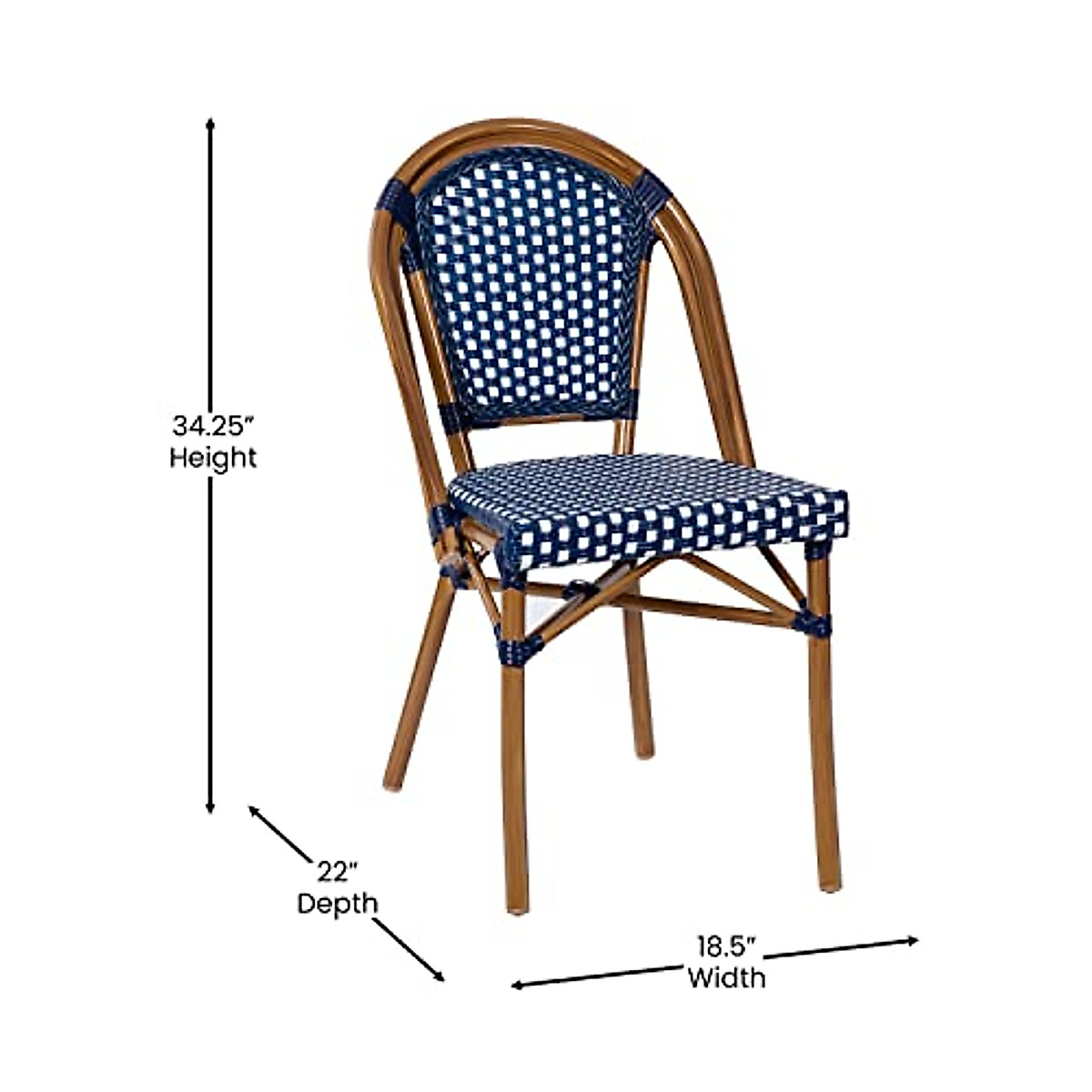 Flash Furniture Bordeaux Set of 2 Indoor/Outdoor Commercial Bistro Stack Chairs - Navy/White PE Rattan Back and Seat - Natural Bamboo Print Aluminum Frame