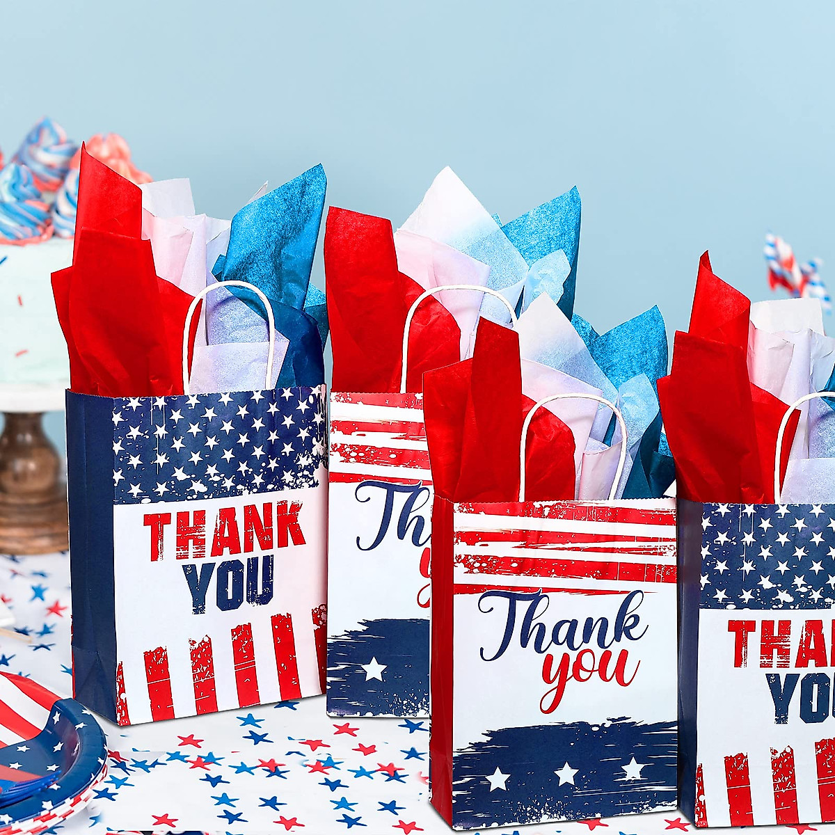 Pajean 16 Pieces Patriotic Thank You Gift Bags with 18 Red White Blue Tissue Paper American Flag Party Favor USA Treat Goodie Handle for Veterans Day Memorial Independence