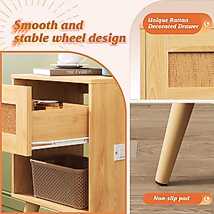 WLIVE Rattan Nightstand with Charging Station, Boho Night Stand, Small Bedroom Side Table, End Table with Drawer and Storage, Wood Bedside Table for Bedroom, Small Spaces, Natural Oak