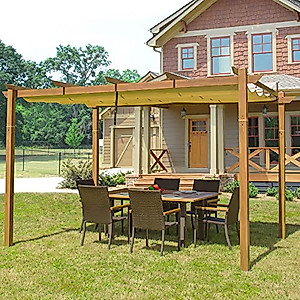 Domi Outdoor Living 9’ x 13’ Outdoor Retractable Pergola Against The Wall with Weather-Resistant Canopy Aluminum Garden Pergola Patio Grill Gazebo for Courtyard(Teak Coated)