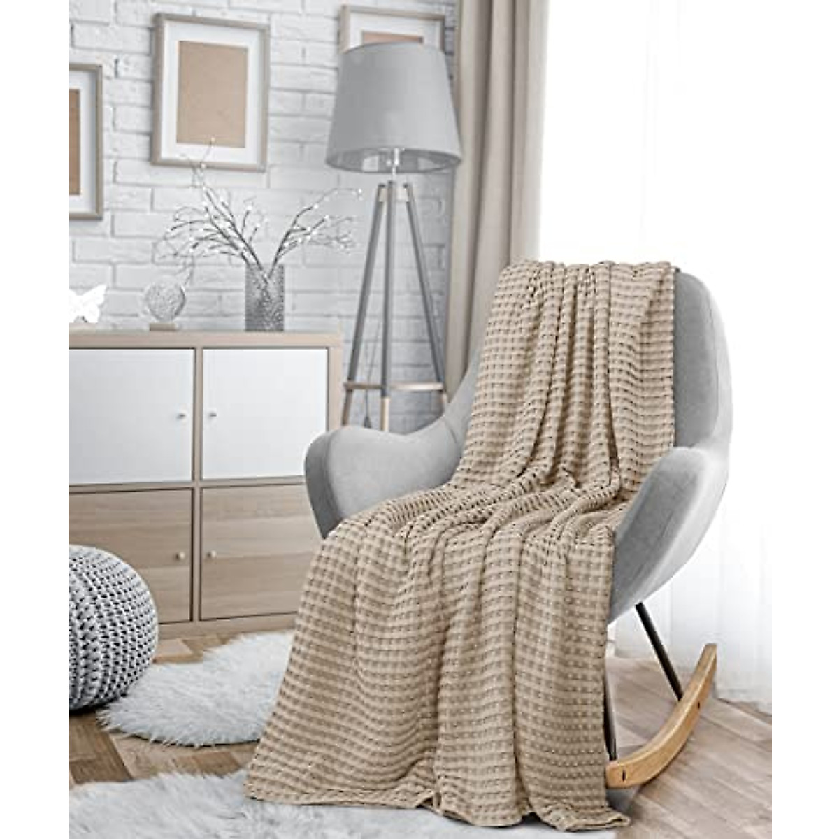 Utopia Bedding Cotton Waffle Blanket 300 GSM (Khaki - 90x90 Inches) Soft Lightweight Breathable Bed Blanket Queen Size Layering Any Bed for All Season