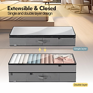 Supowin Large Under Bed Storage Containers, 2-Pack Double Layer Underbed Storage Bins with 3 Handles, 70L Extensible/Closed Clothes Storage Organizer with Sturdy Bottom Sidewalls, Dark Grey