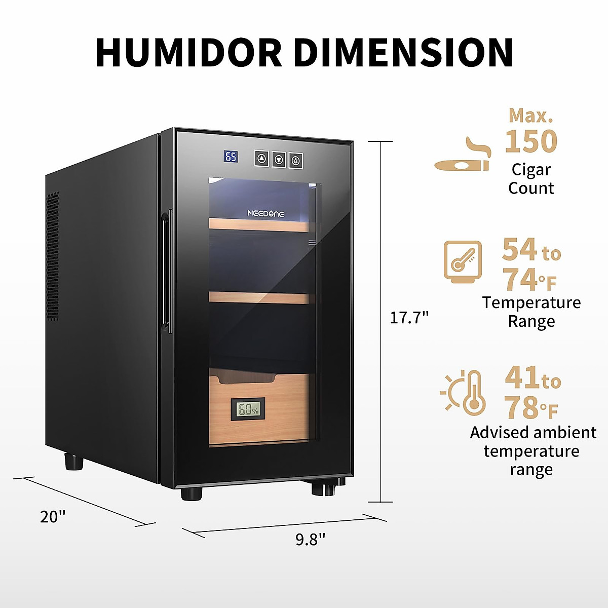 NEEDONE Humidor 23L with Cooling and Heating Temperature Control System, Electric Cooler for 150 Counts with Digital Hygrometer, Made with Spanish Cedar Wood, Gift for Men, 3 Layers