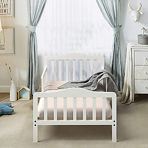 HONEY JOY Toddler Bed Frame, Solid Rubber Wood Frame w/Safety Guardrail, Fits Crib Full Size Mattress (Not Included), Children Classic Sleeping Bedroom Furniture for Kids Boys Girls (White)