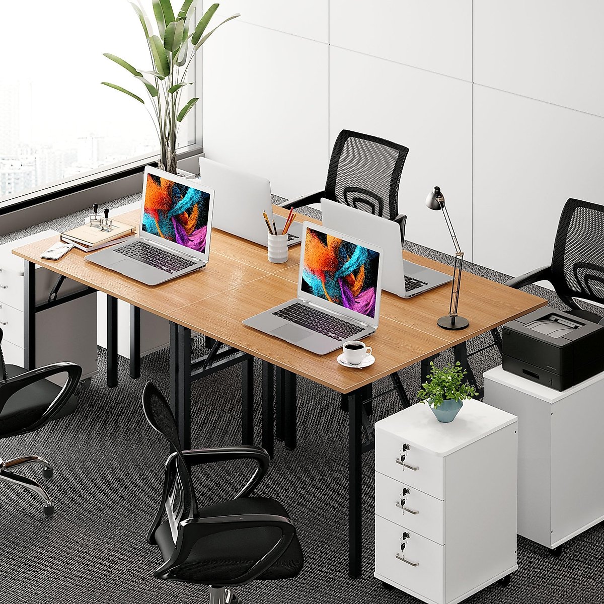 Need Folding Desk for Home Office 39-3/8'' Length Modern Folding Table Computer Desk No Install Needed Teak Color Desktop Black Frame, AC5BB(10060)