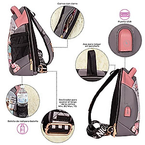 Nicole Lee Sling Backpack with USB Charging and Earphone Ports, Top Handle Travel School Crossbody Bag, Adjustable Strap (Double Queens)