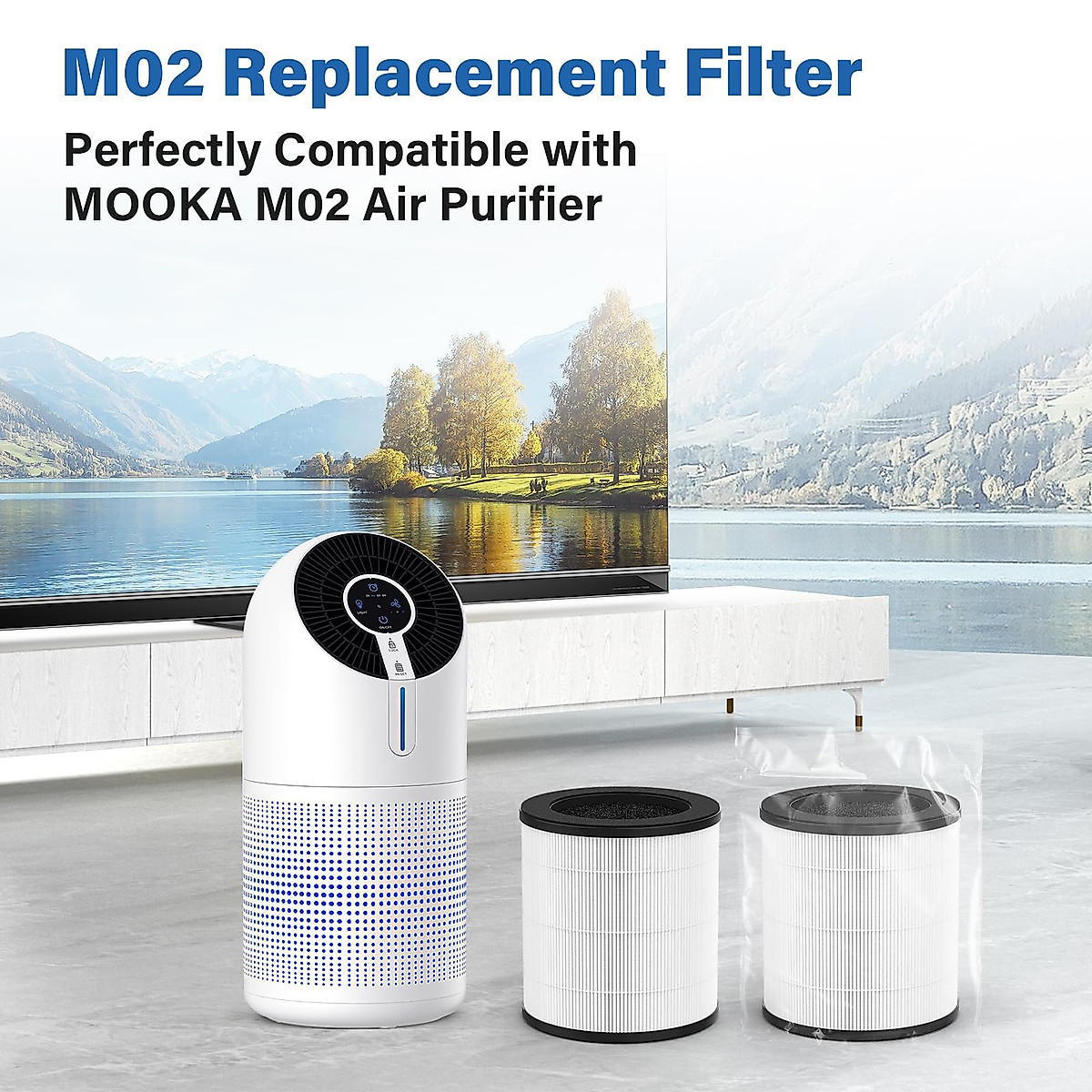 M02 Replacement Filter Compatible with MOOKA M02 Air Purifier, H13 True HEPA Filter and High-Efficiency Activated Carbon, 360° 3-Stage Filtration, 2 Pack