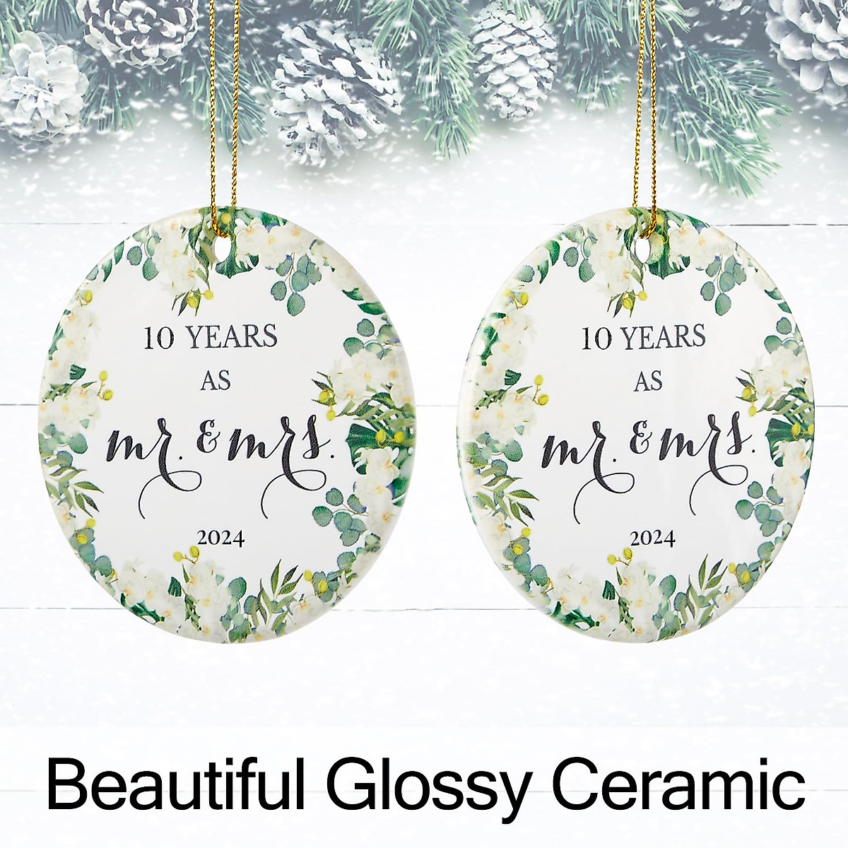 10 Year Anniversary Ornament 2024, 10th Anniversary Collectible Holiday Christmas Ornaments, 10 Year as Mr and Mrs Gift for Couple, 2.9" Ceramic 10th Wedding Anniversary Ornament