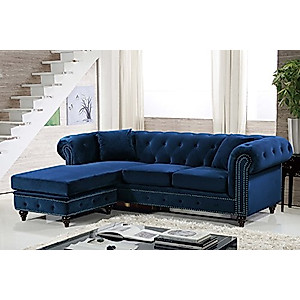 Meridian Furniture Sabrina REVERSIBLE 2 Piece Button Tufted Velvet Sectional with Scroll Arms, Nailhead Trim, and Custom Wood Legs, Navy