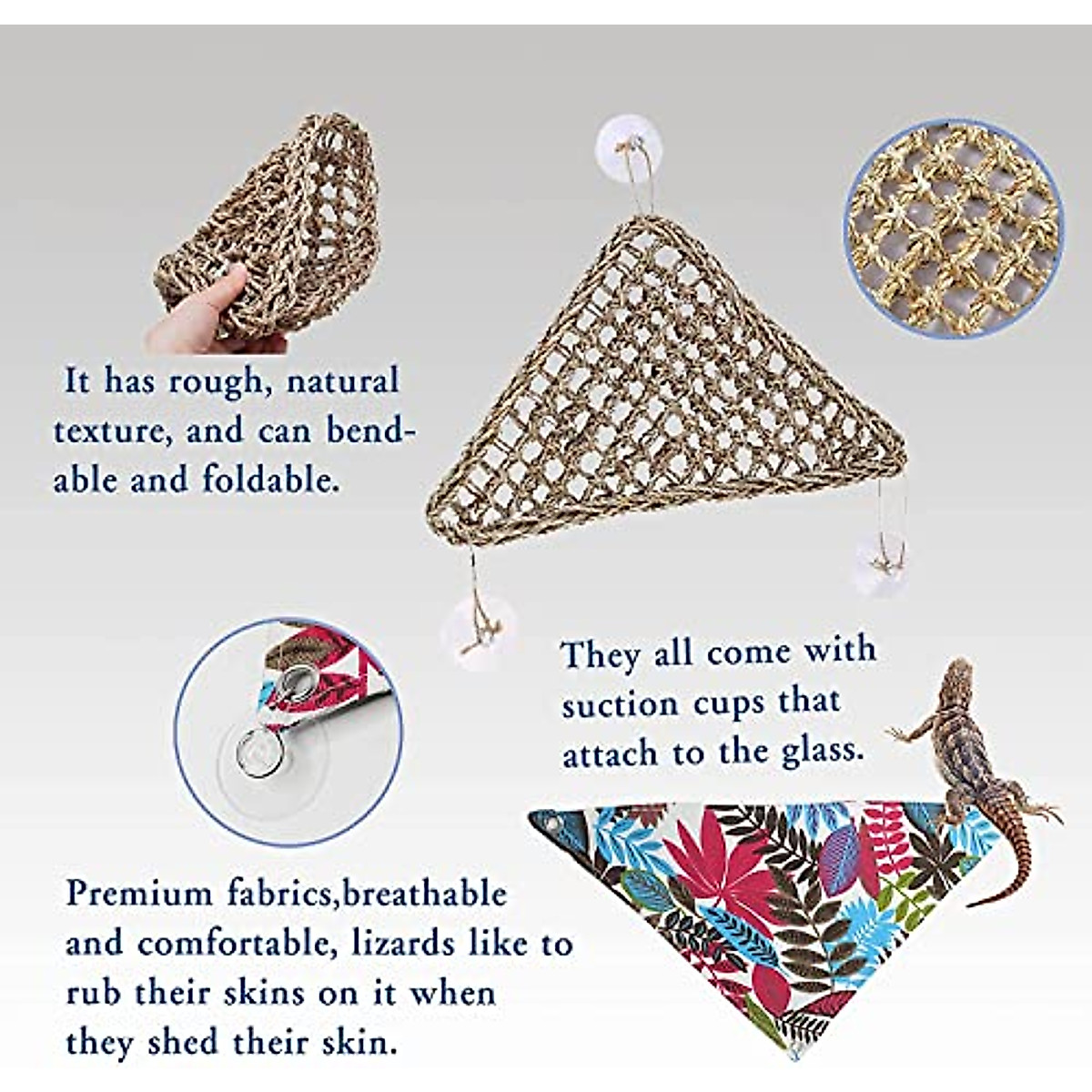 Tfwadmx Lizard Lounger Bearded Dragon Hammock Accessories Coconut Shell Hut Jungle Bendable Vines Leaves Tank Decor for Chameleon Gecko Snakes (5 Pcs