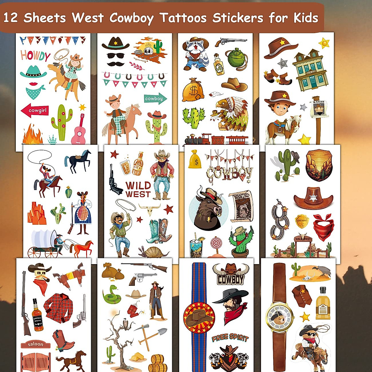 CHARLENT Cowboy Temporary Tattoos for Kids - 100 PCS Western Cowboy Temporary Tattoos for Boys Birthday Party Favors Goodie Bag Fillers