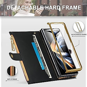 Wallet Case for Samsung Galaxy Z Fold 5 2023, Luxury Electroplated Golden Frame Lanyard Strap Zipper PU Leather Magnetic Closure Flip Folio Case with Card Holder S Pen Holder,Brown