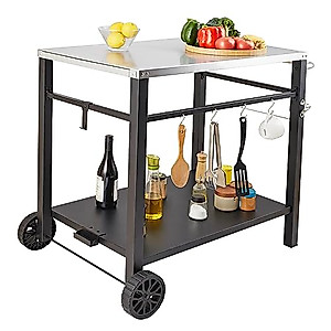 VEVOR Outdoor Grill Dining Cart with Double-Shelf, BBQ Movable Food Prep Table, Multifunctional Stainless Steel Table Top, Portable Modular Carts for Pizza Oven, Worktable with 2 Wheels, Carry Handle